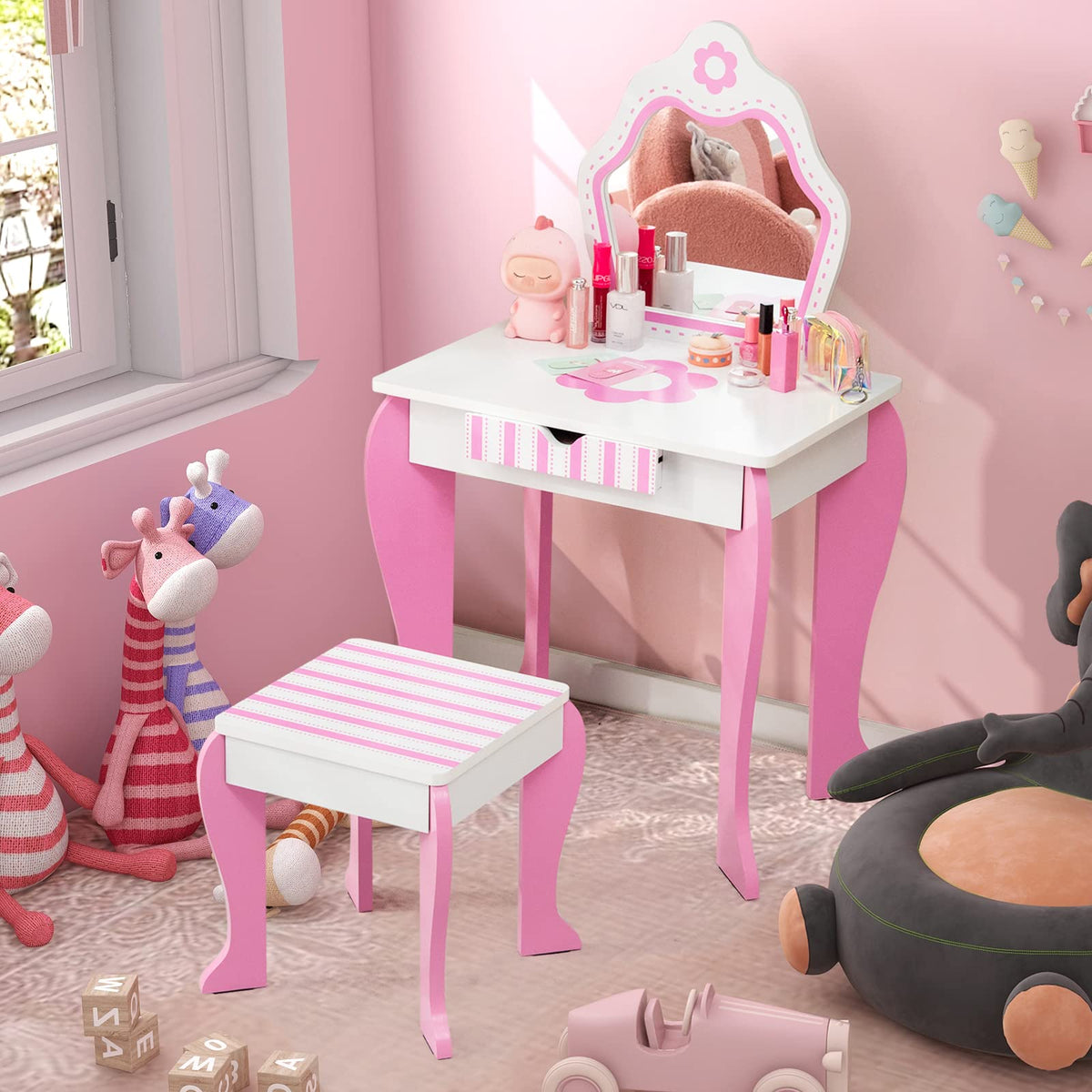 Costzon Kids Vanity, Girls Vanity Set with Mirror and Stool – costzon Costzon Kids Vanity, Girls Vanity Set with Mirror and Stool – costzon