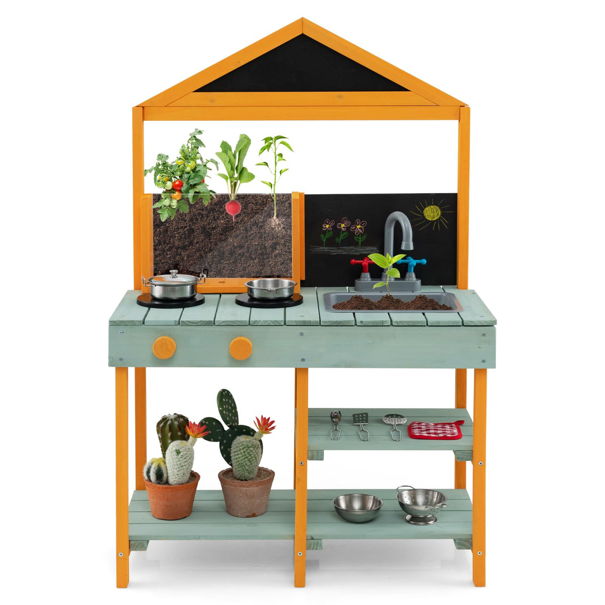 Costzon Mud Kitchen, Wooden Kids Kitchen Playset with See-Through Plan ...