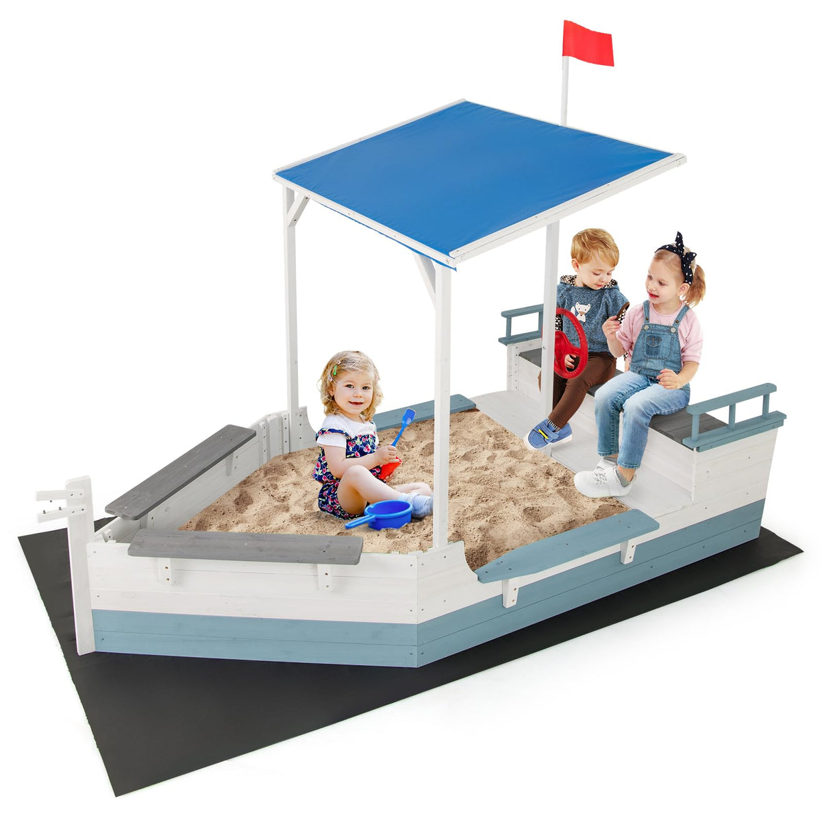 Costzon Pirate Ship Sandbox with Canopy Fir Wood Boat Sand Box w/Flag ...