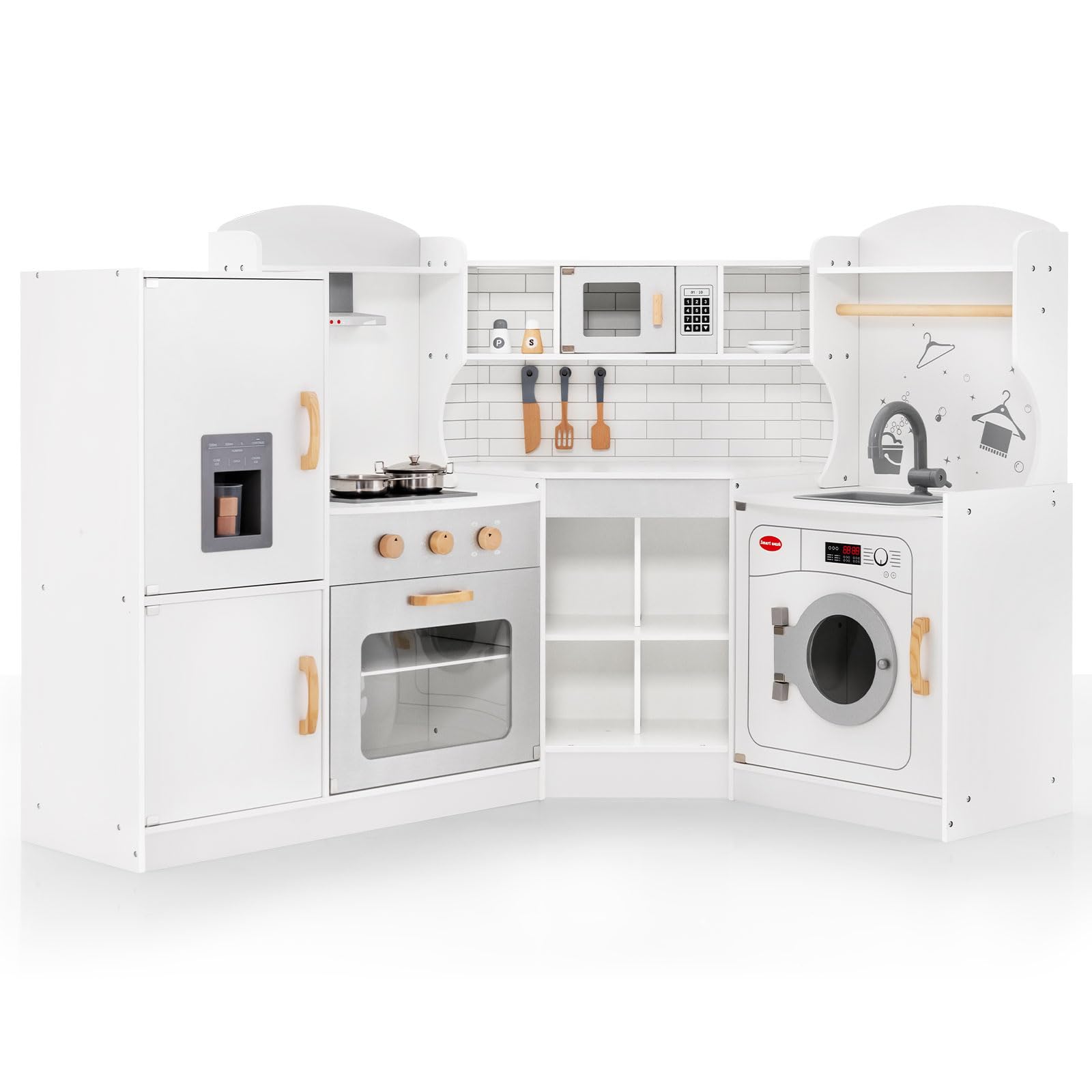 Costzon Kids Corner Kitchen Playset, Wooden Play Kitchen, Little Chef ...
