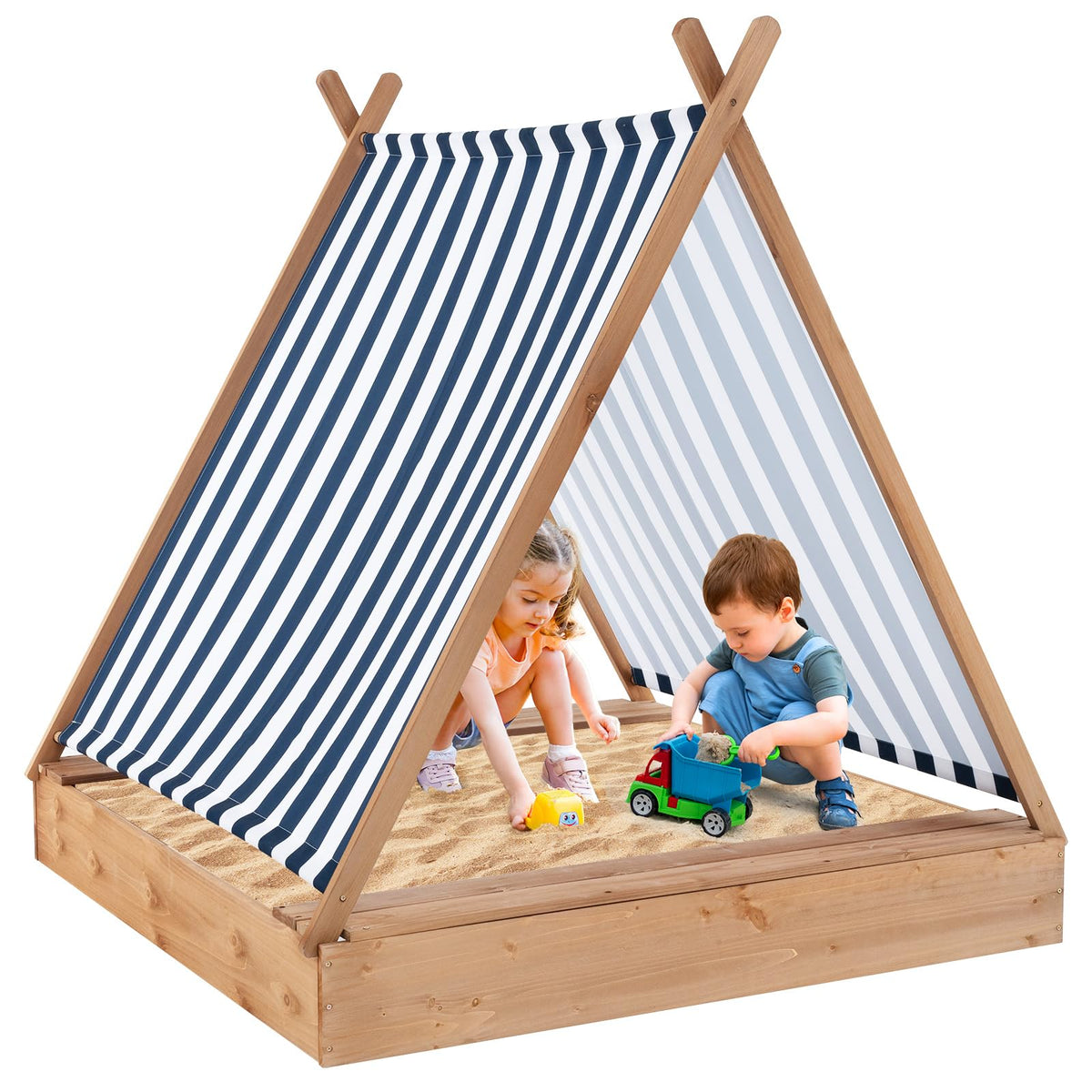 Costzon Kids Sandbox with Canopy, 49" x 48" Large Wooden Sand Box w/ 2 ...