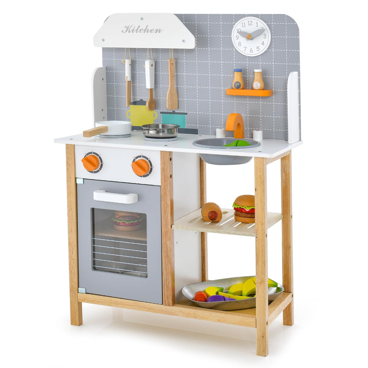 Costzon Kids Kitchen Playset, Wooden Pretend Little Chef Cooking Toy S ...