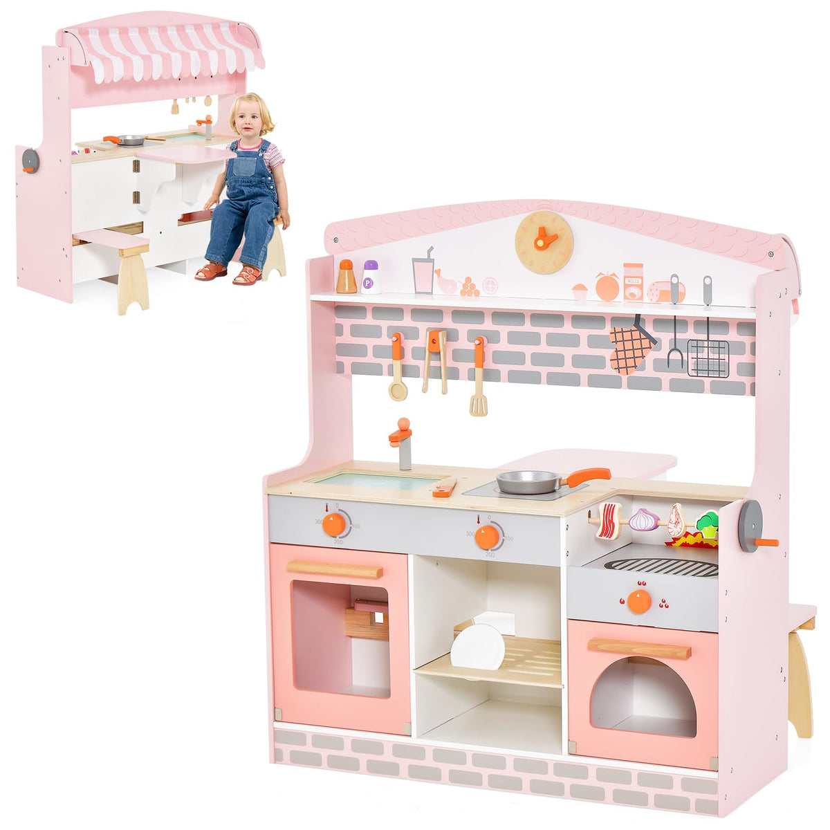 Costzon Double-Sided Play Kitchen & Restaurant Toy Set, 2 in 1 Wooden ...