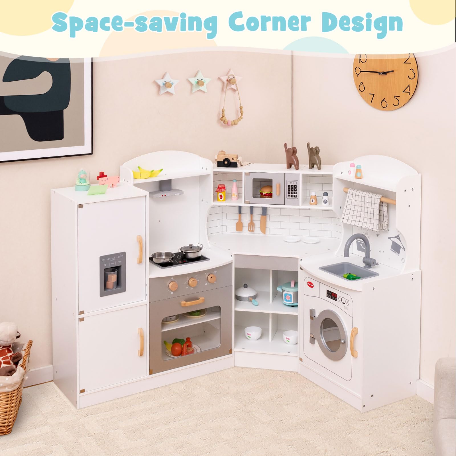 Costzon Kids Corner Kitchen Playset, Wooden Play Kitchen, Little Chef ...