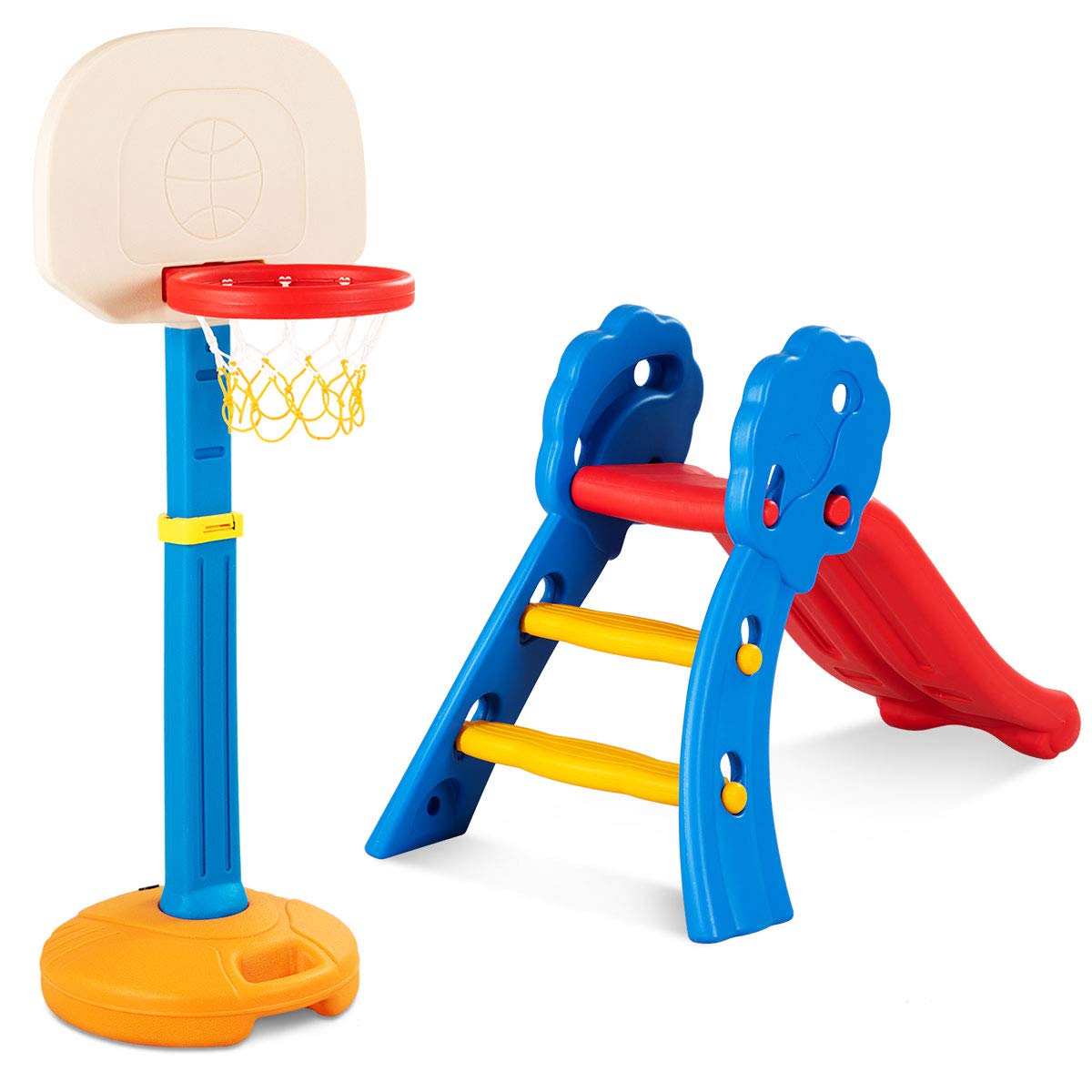 Baby Joy Folding Slide & Basketball Stand Set, Plastic Play Slide Clim ...